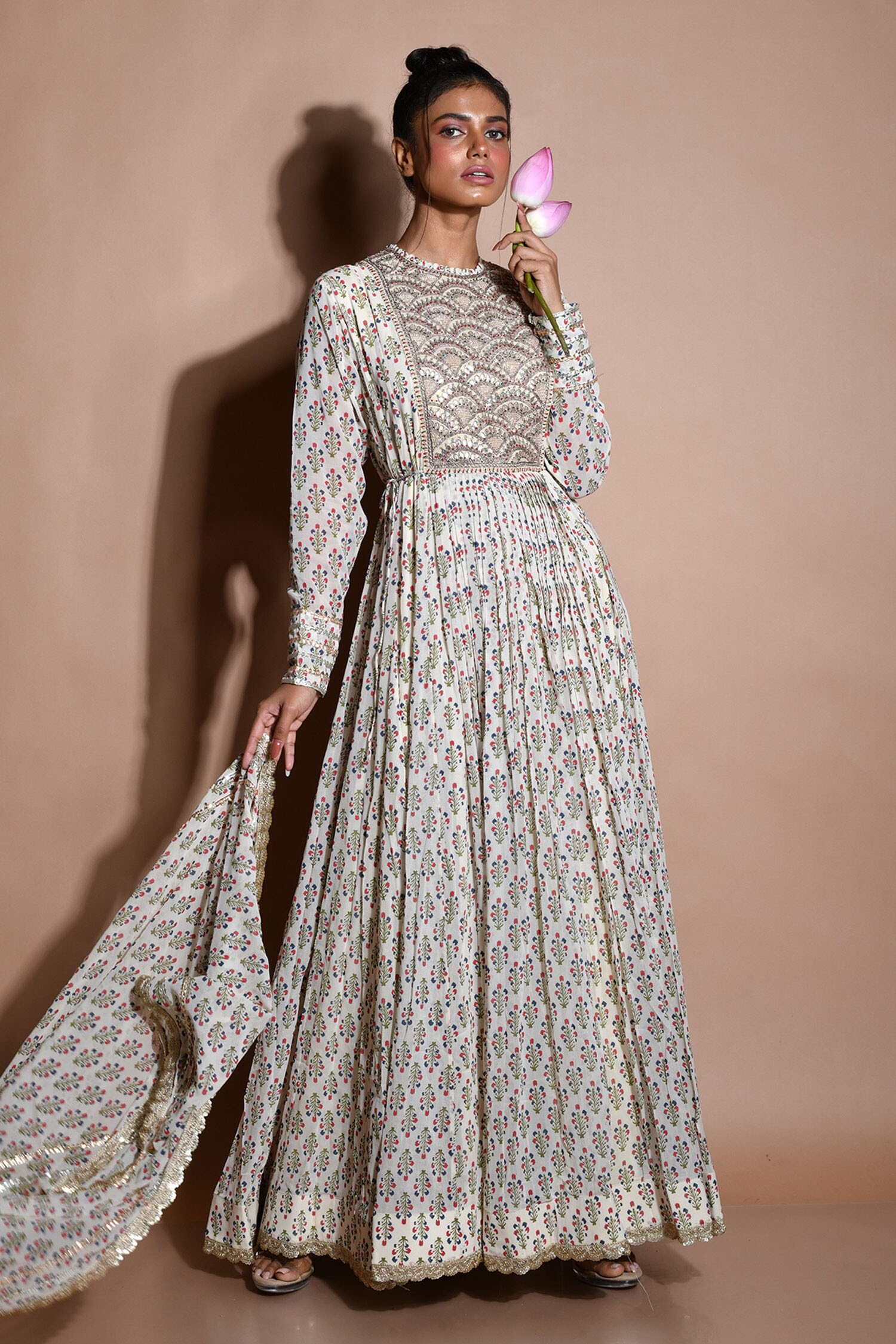 Buy Aksh Ivory Georgette Floral Print Anarkali With Dupatta Online ...