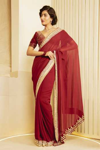 Buy Saksham Neharicka Maroon Metallic Border Saree Online | Aza Fashions