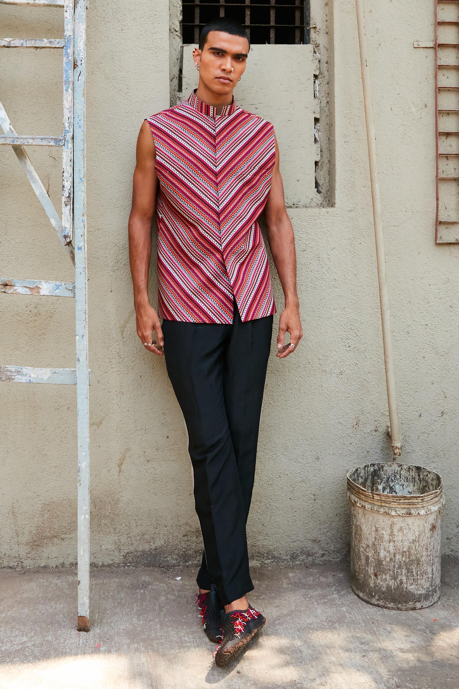 Buy SVA by Sonam & Paras Modi Multi Color Linen Stripe Print Bundi ...