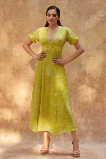 Buy Ankita Dharman Green Viscose Georgette Spring Botanical Print Dress ...