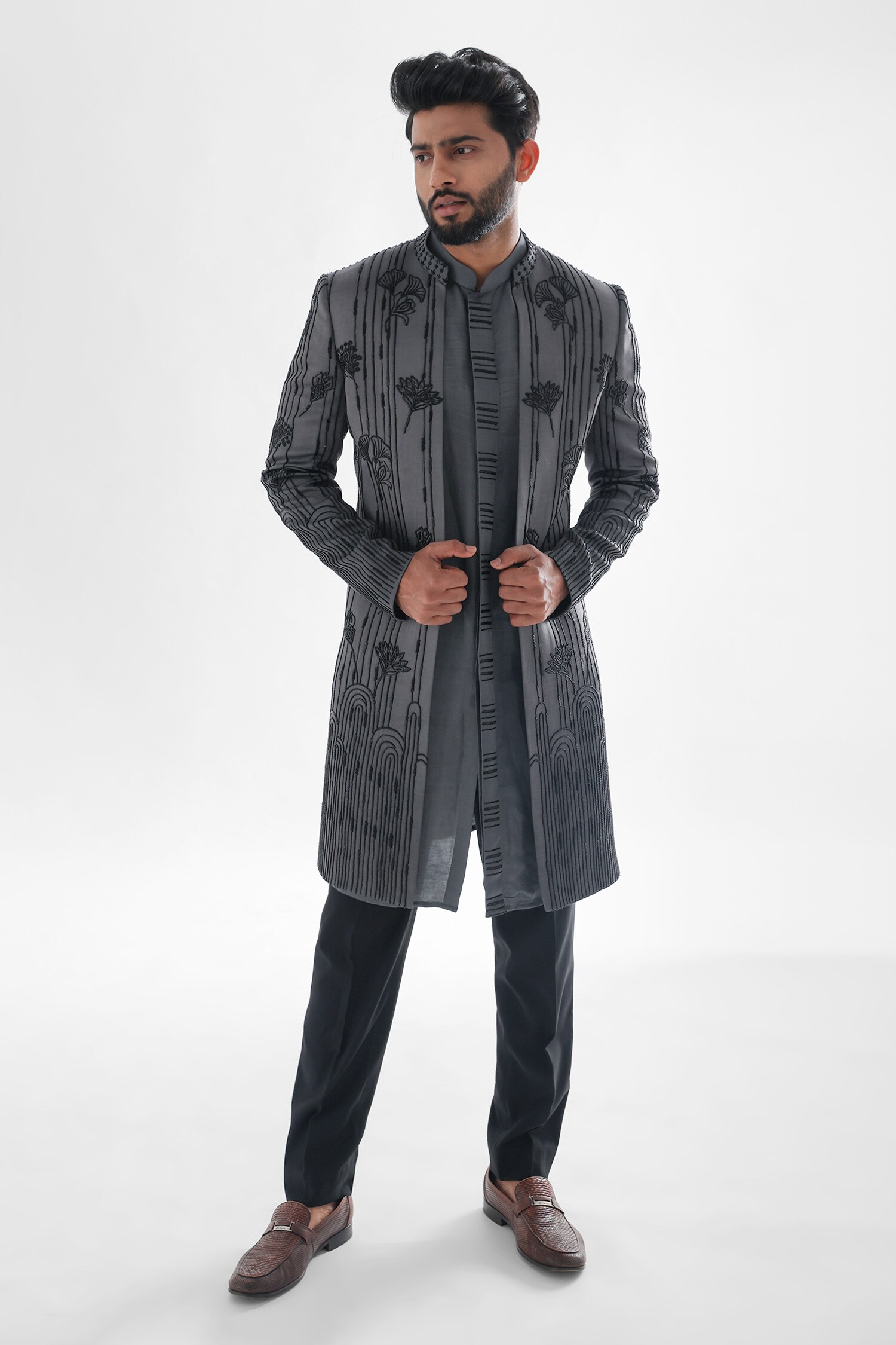 Buy Paarsh Blue Naval Floral Cutdana Embellished Achkan Pant Set Online ...