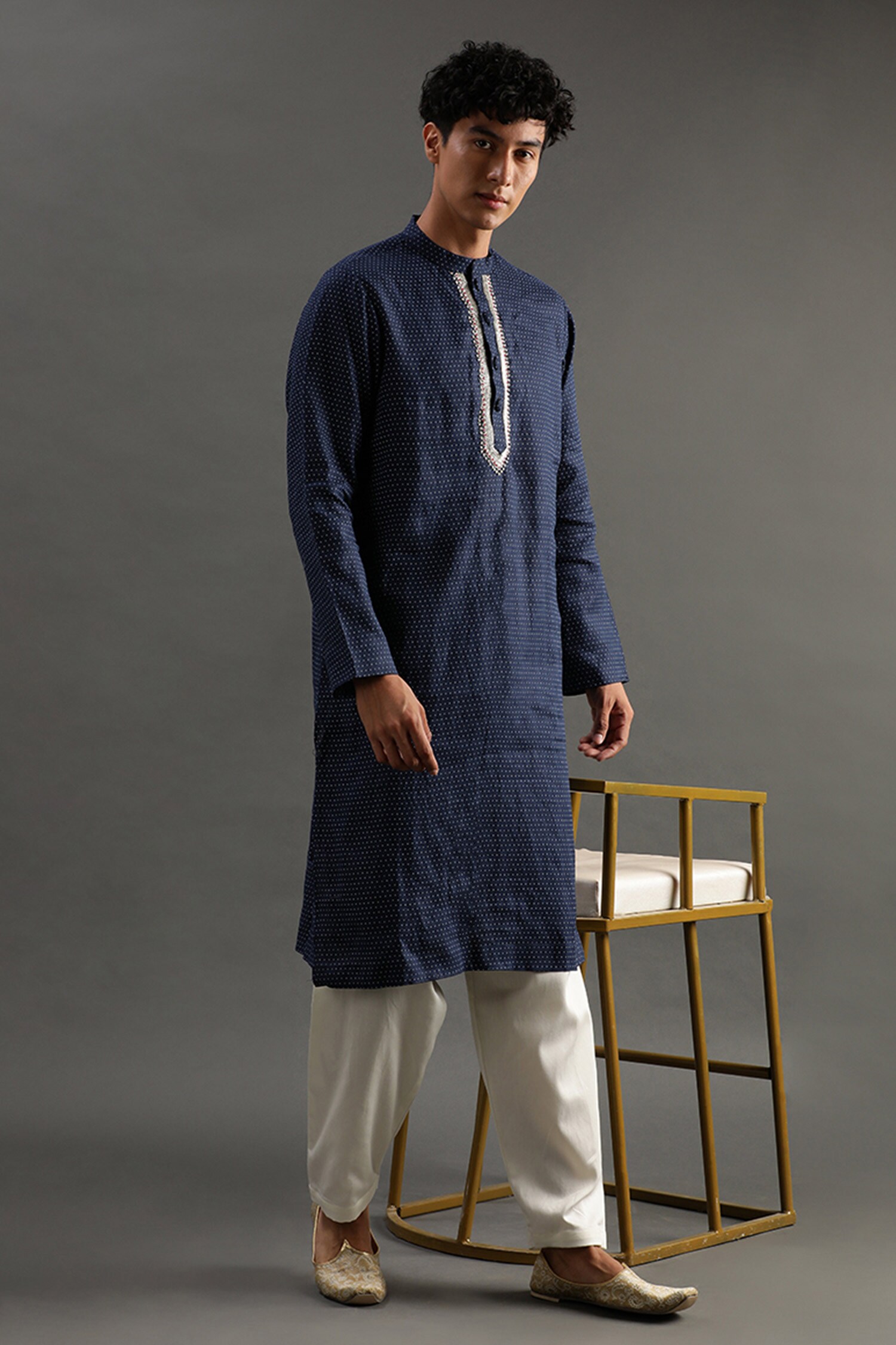Buy Byb Premium Blue Linen Polka Dots Print Kurta And Pyjama Set Online | Aza Fashions