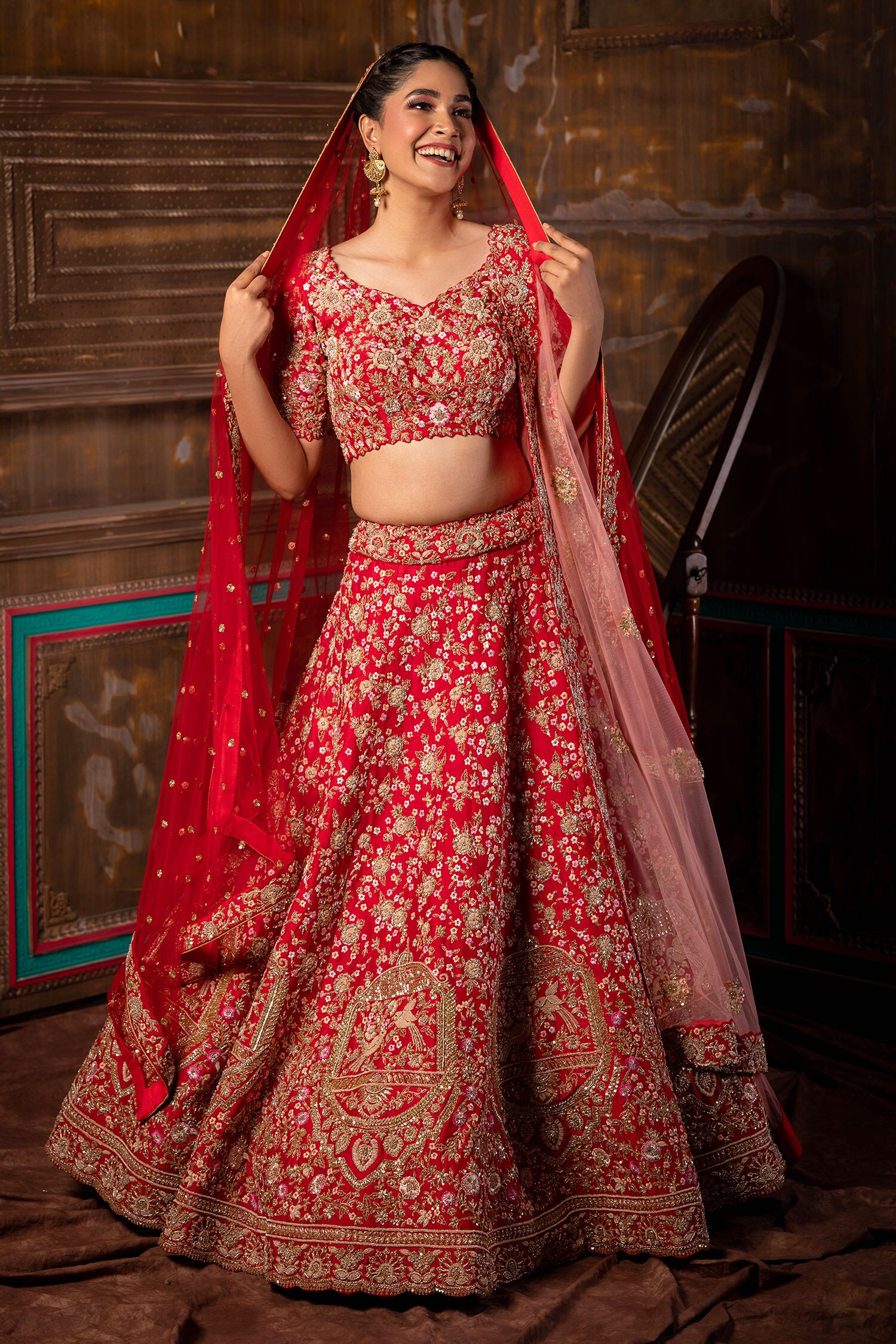 Buy MOHA Atelier Dupion Silk Filigree Zardozi Embroidered Lehenga Set ...