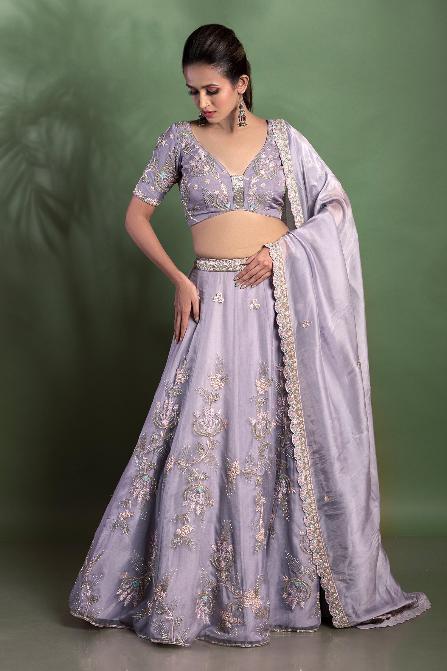 Buy MOHA Atelier Purple Organza Crystal Embroidered Lehenga Set Online ...