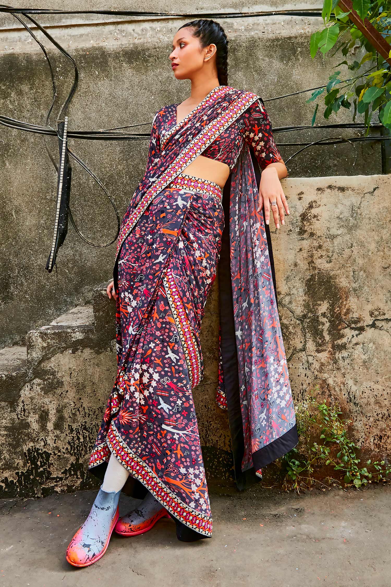 Buy Concrete Jungle Print Pre-Draped Saree With Blouse by SVA by Sonam ...