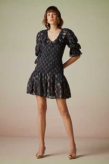 Buy Verb by Pallavi Singhee Multi Color Ruched Lurex Puff Sleeve Dress ...