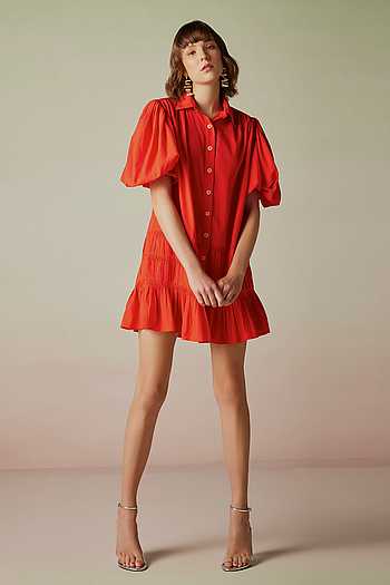 Buy Verb by Pallavi Singhee Red Polyester Puff Sleeve Solid Shirt Dress ...