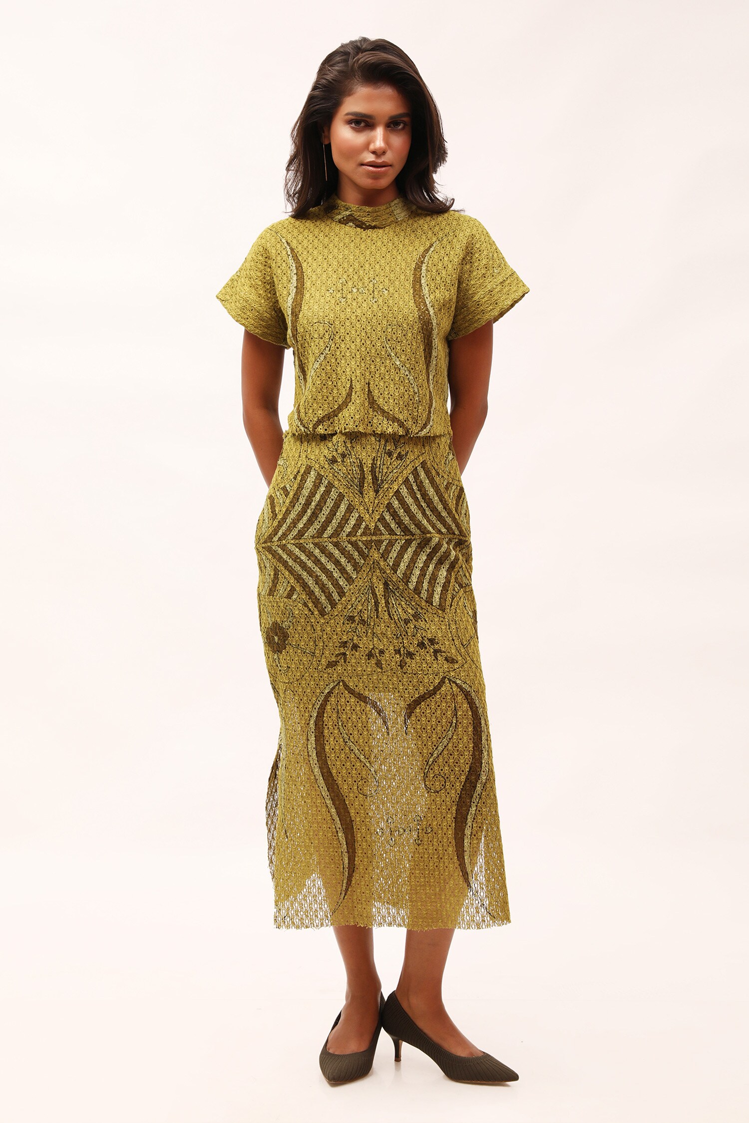 Buy Kritika Murarka Green Cotton Net Floral Print Crop Top And Skirt ...