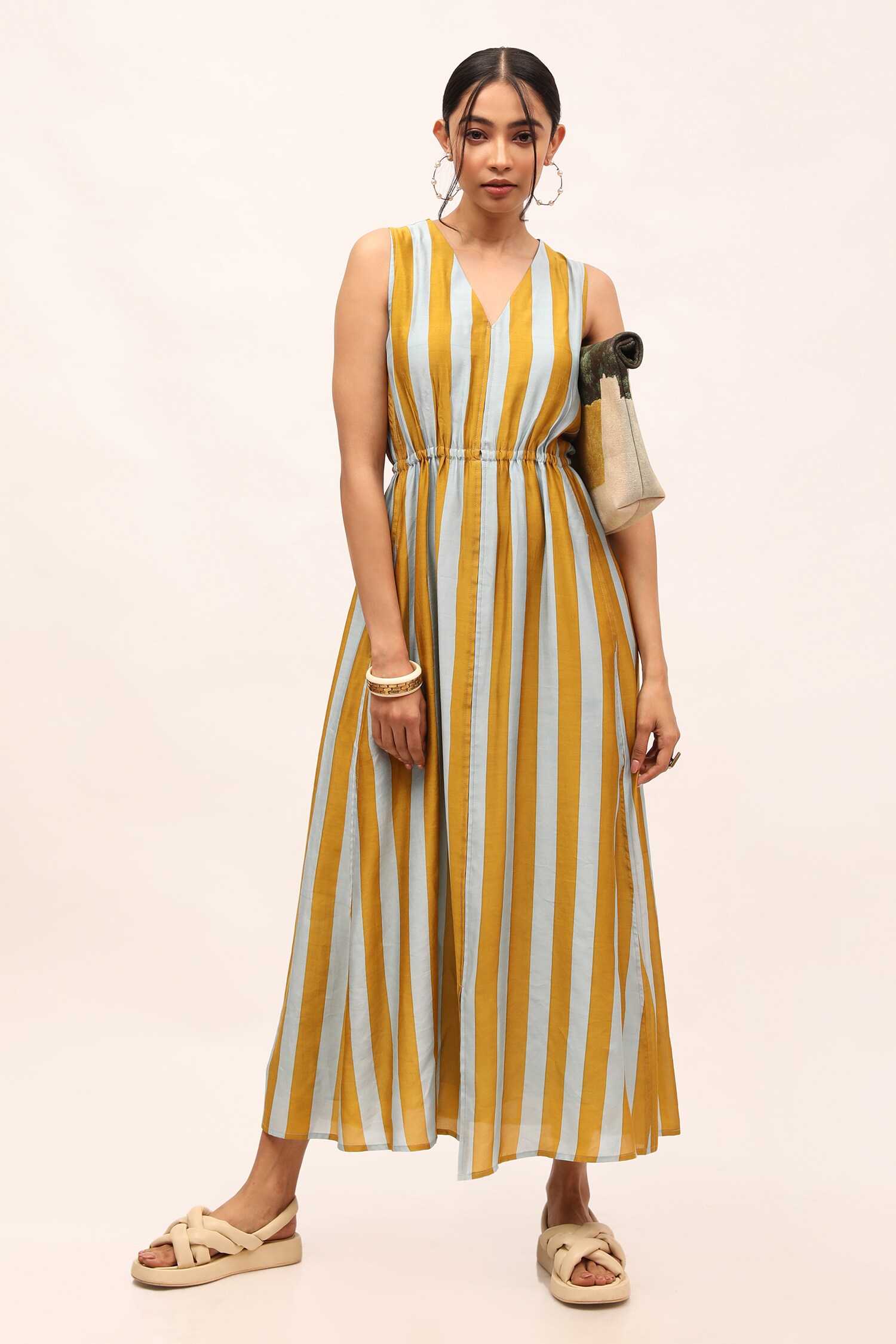 Buy Kritika Murarka Yellow Striped Print Cotton Silk Dress Online | Aza ...