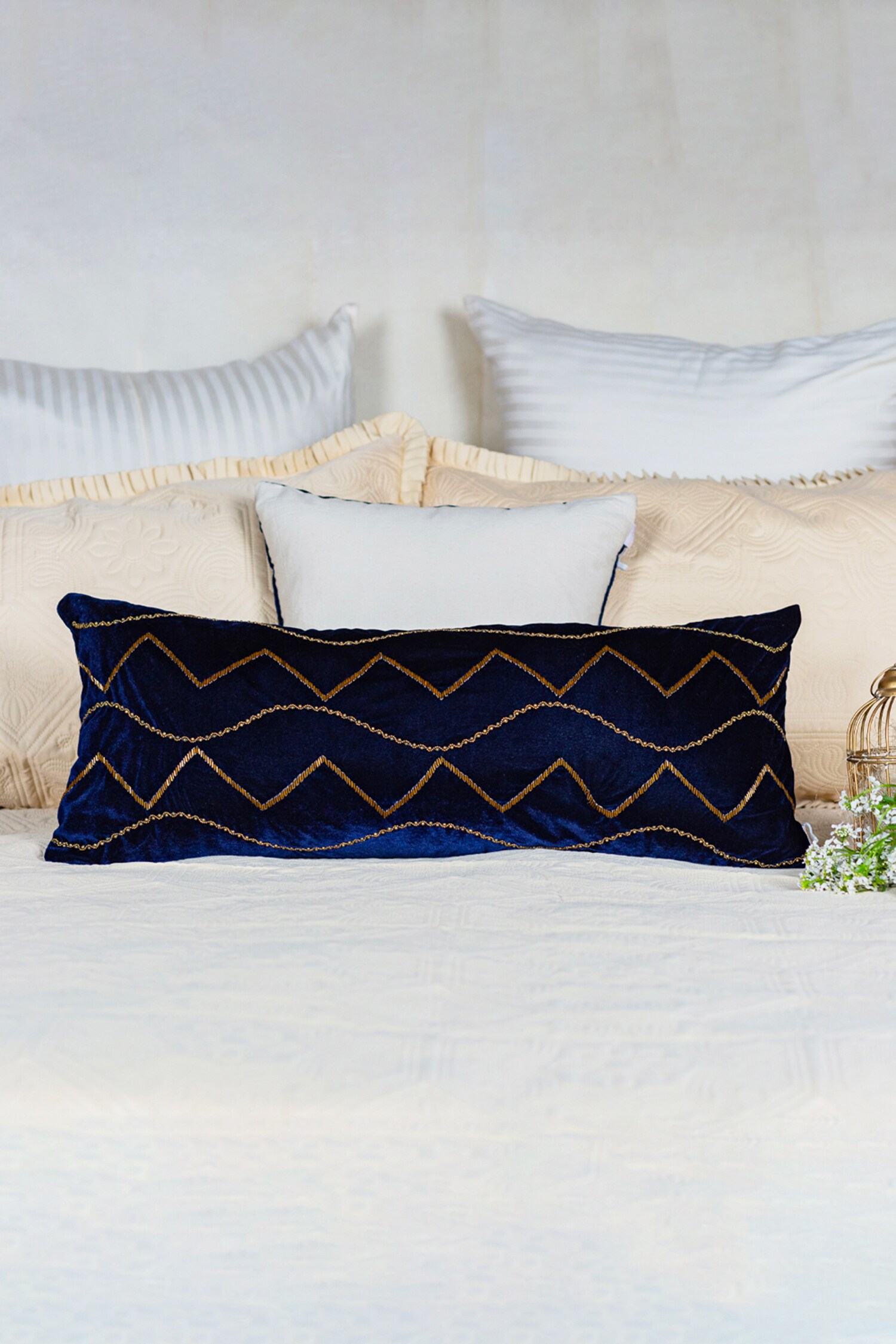 Buy Zig Zag Embroidered Lumbar Cushion Cover by ALCOVE at Aza Fashions