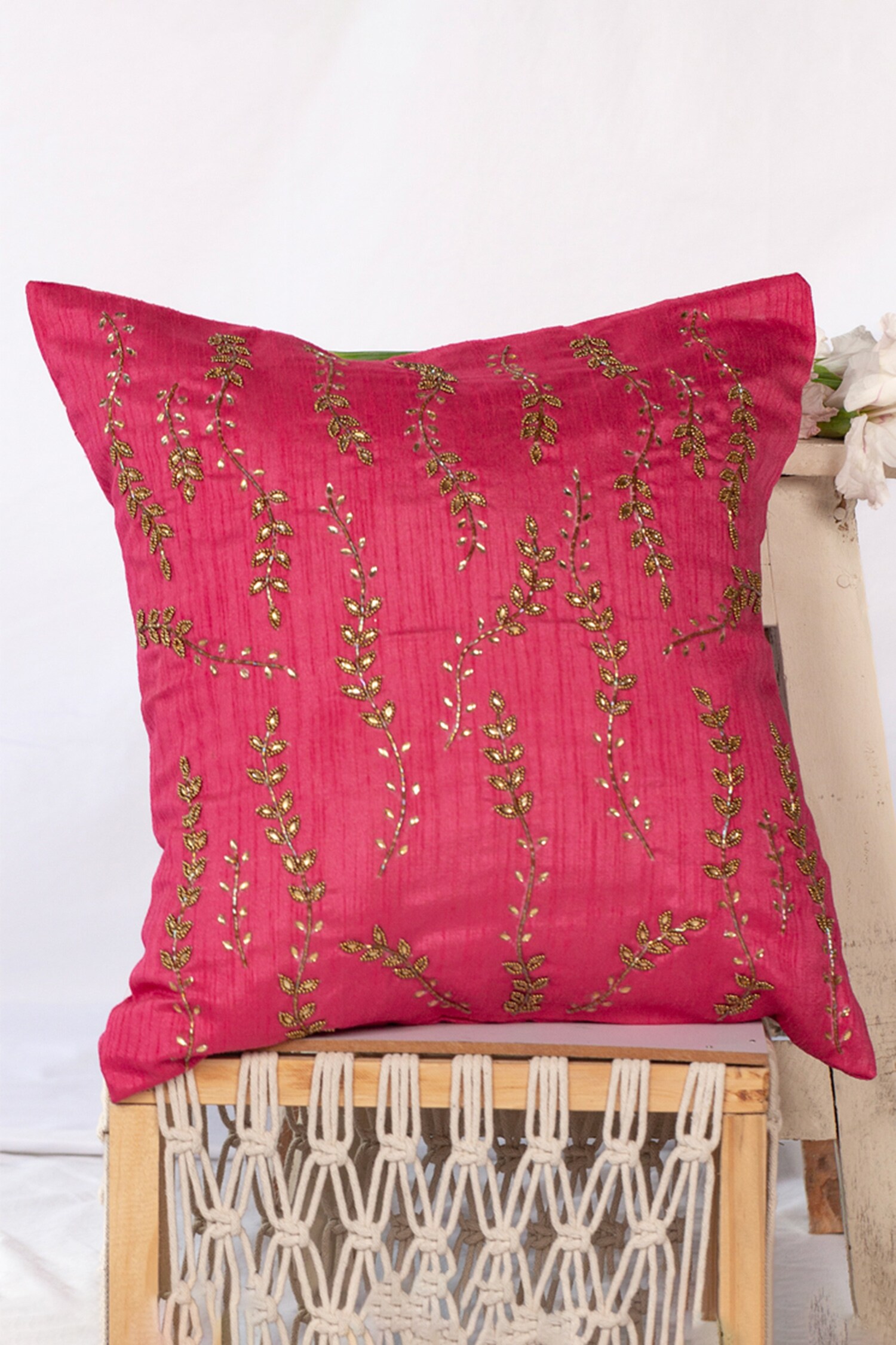 Buy Leaves Embroidered Cushion Cover by ALCOVE at Aza Fashions