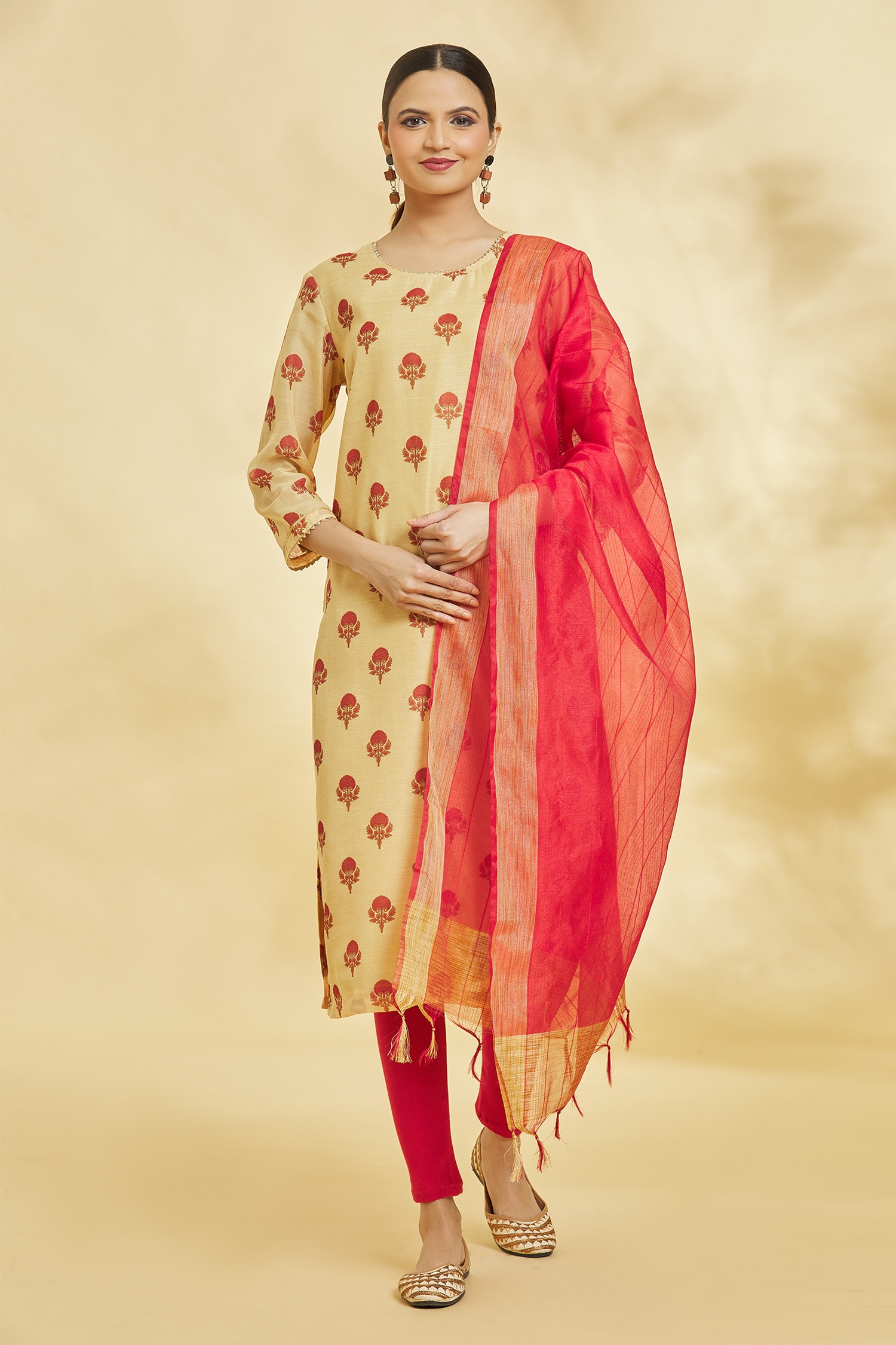 Buy Naintara Bajaj Beige Chanderi Floral Blossom Print Kurta Set Online ...
