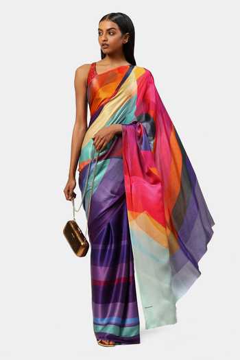 Buy Satya Paul Purple Georgette Satin Fiesta Illusion Print Saree ...