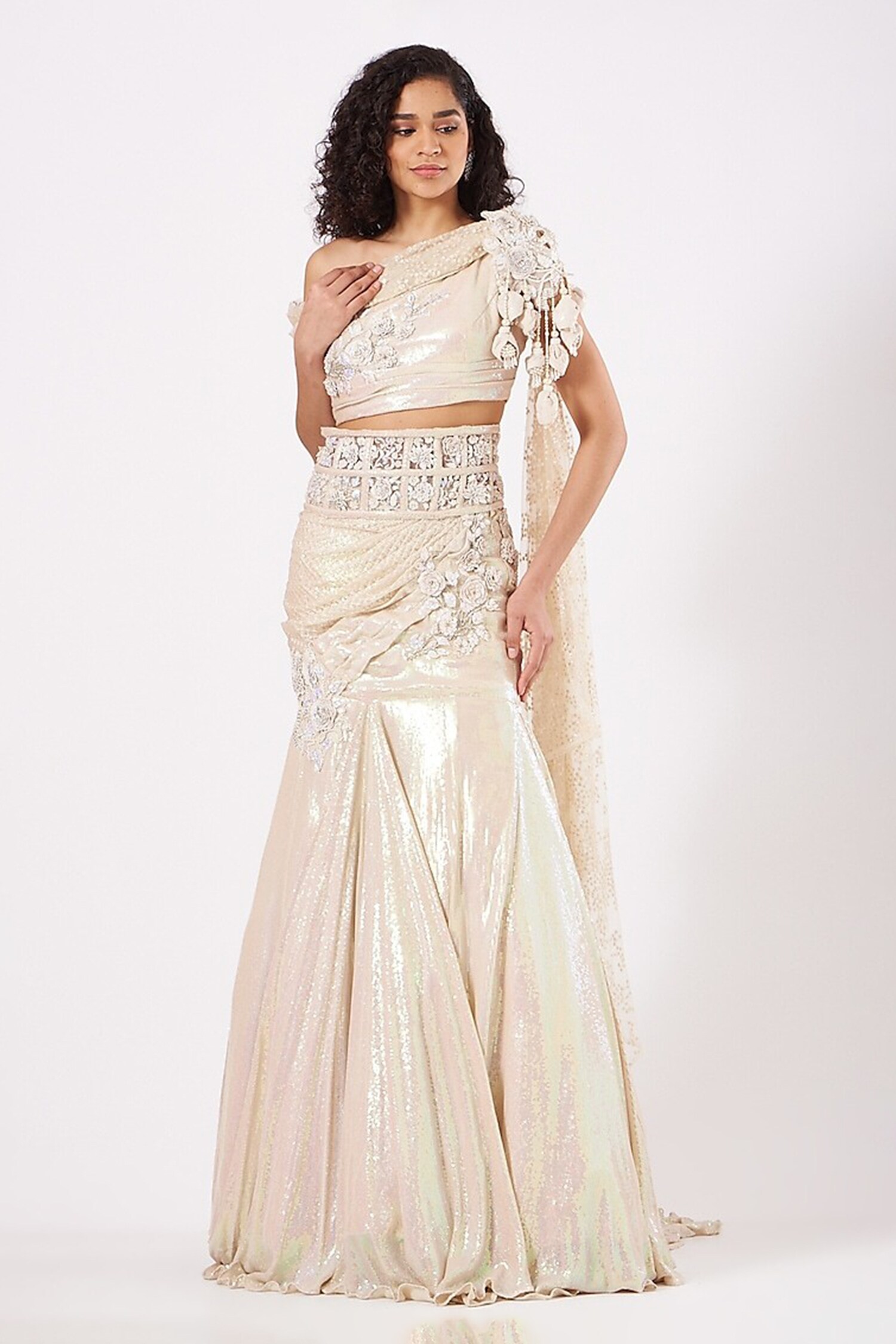 Buy ANJALEE AND ARJUN KAPOOR Cream Net Shimmer Finish Lehenga Saree With Embroidered Blouse ...