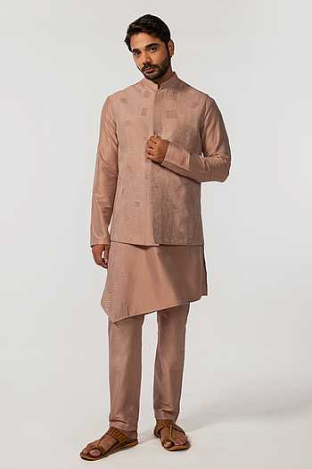 Buy Kaka Menswear Pink Asymmetric Kurta Set With Bundi Online | Aza ...