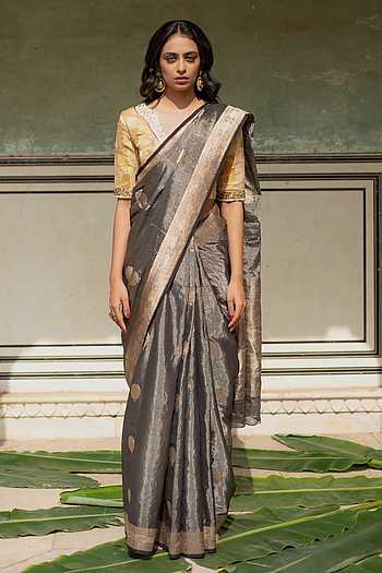 Buy Rena Metallic Woven Silk Banarasi Saree With Running Blouse by ...