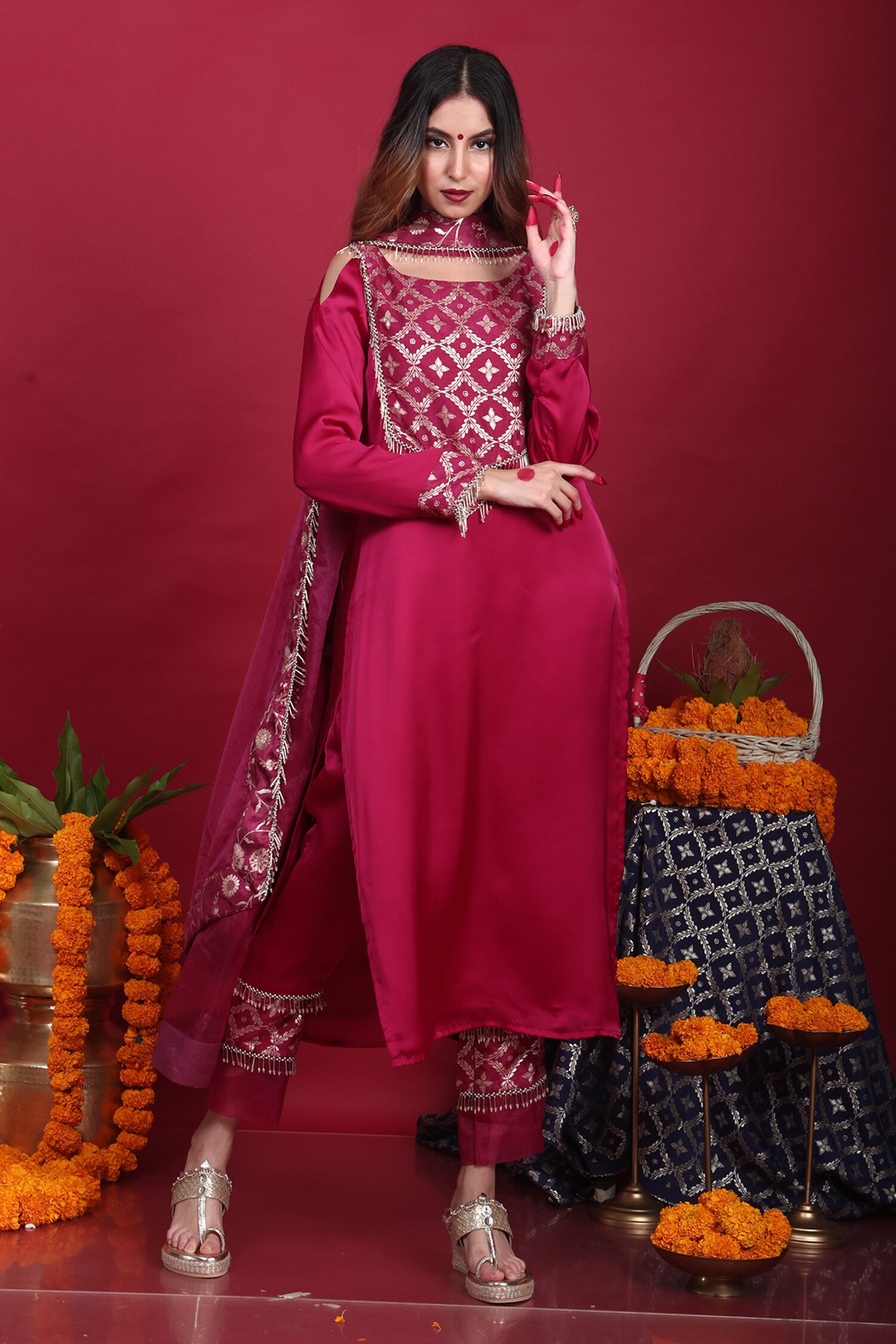 Buy Monk & Mei Purple Silk Isha Floral Pattern Straight Kurta Set ...