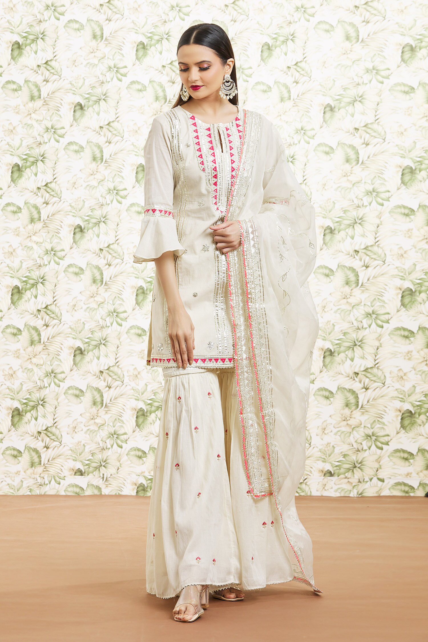 Buy Kaia White Cotton Gota Embroidered Kurta Gharara Set Online | Aza ...