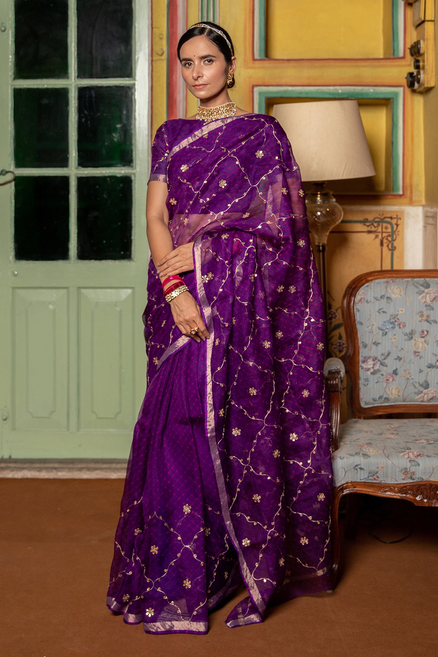 Buy Geroo Jaipur Purple Pure Kota Silk Gota Work Saree With Unstitched ...