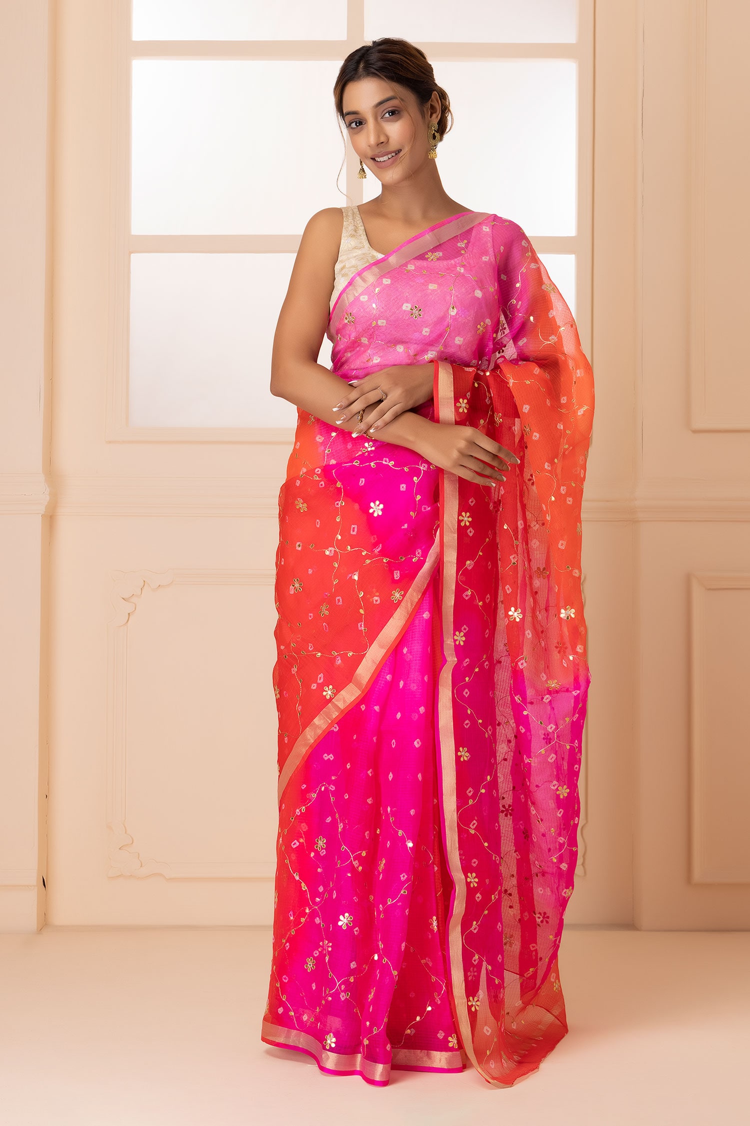 Buy Geroo Jaipur Red Pure Kota Silk Gota Work Saree With Unstitched ...