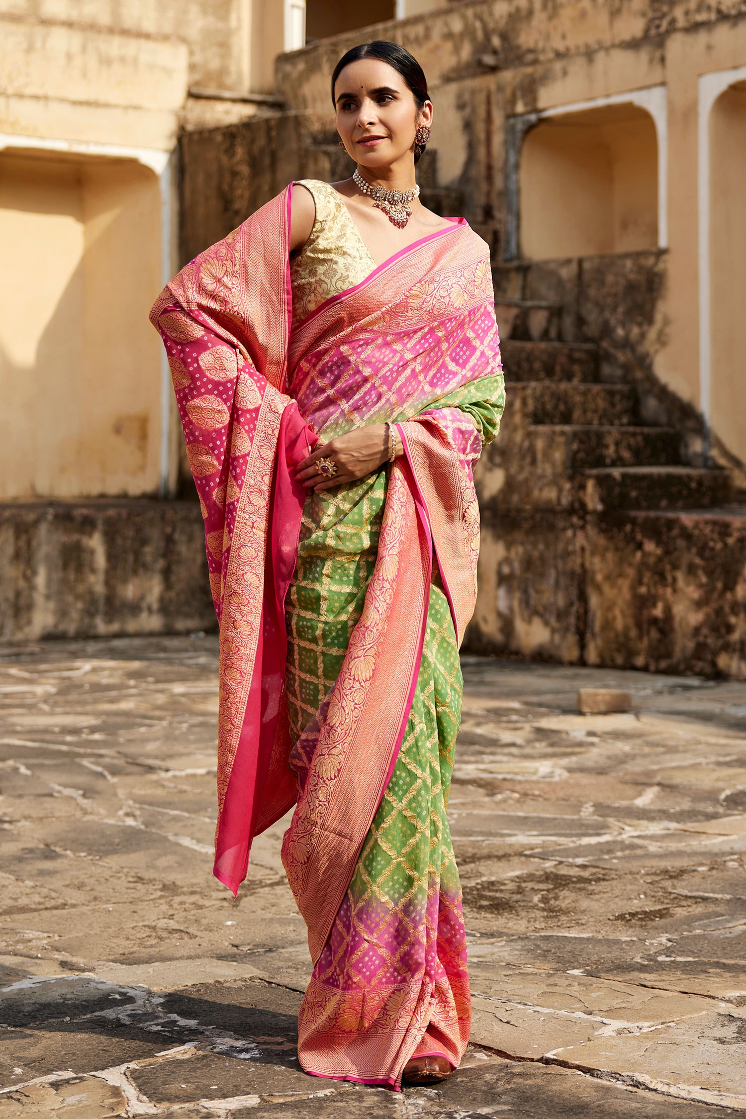 Buy Geroo Jaipur Pink Banarasi Georgette Bandhani Tie Dye Saree With ...