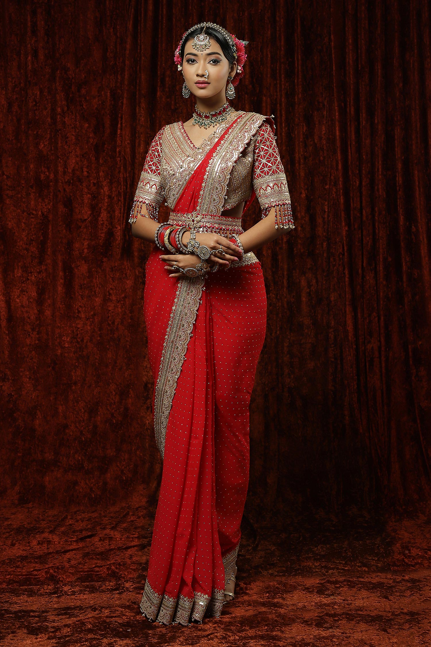 Buy Laal Gulab Guccha Saree With Silk Chanderi Blouse by Shikhar Sharma ...