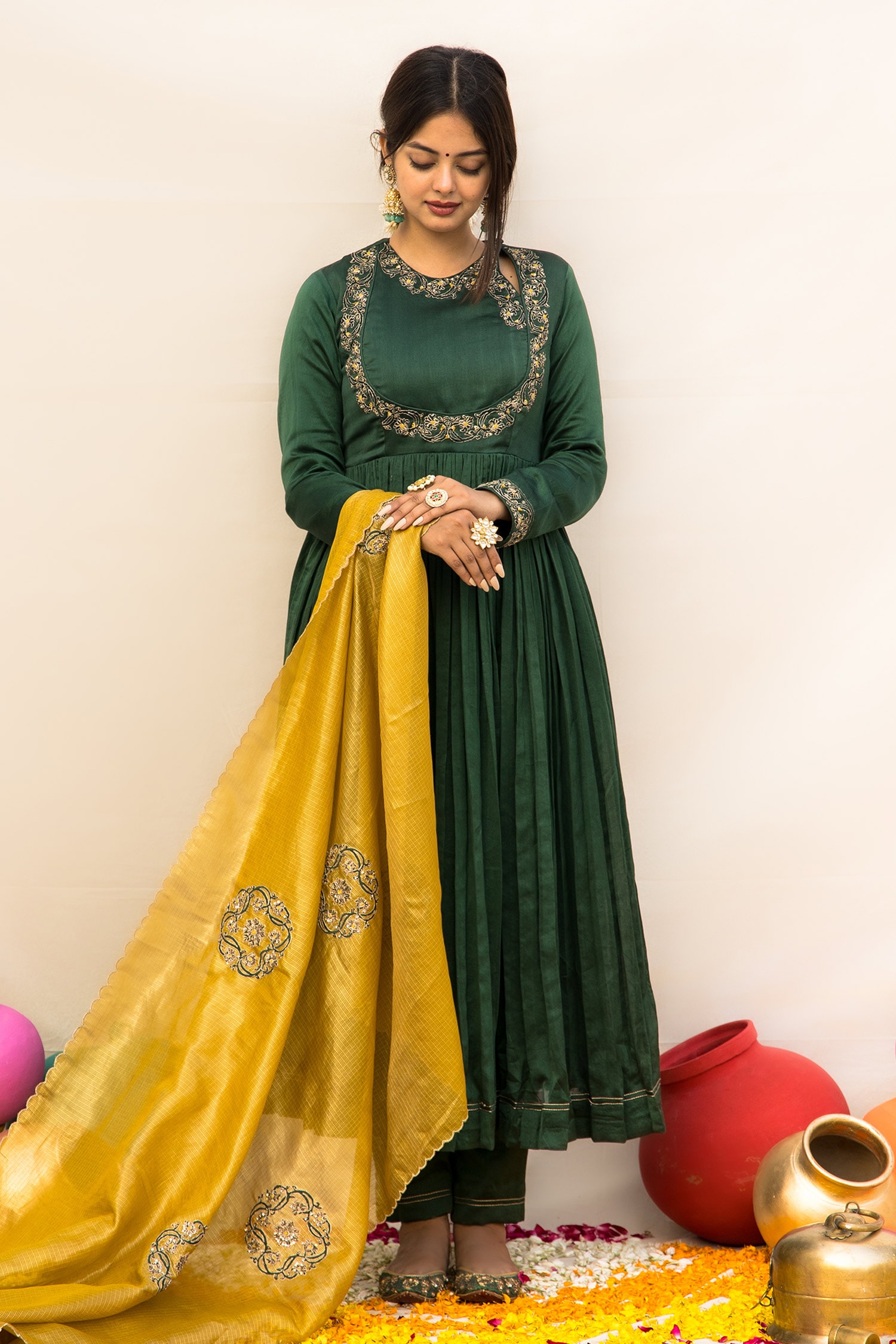 Buy MITHI SUPARI Green Silk Chanderi Gul Bahaar Neck Embroidered ...