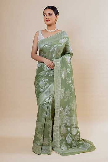Buy TaBa Kashi by Artika Shah Green Crepe Flower Vine Pattern Saree ...