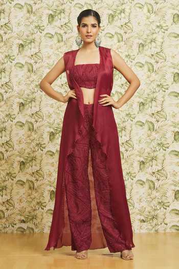 Buy Line Embroidered Blouse Pant Set With Jacket by Mishru at Aza Fashions