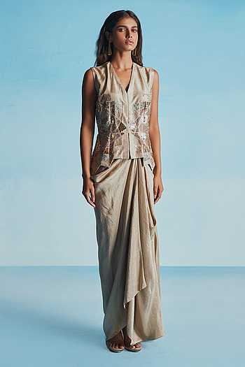 Buy Studio Radical Grey Pure Silk Hand Embroidered Jacket And Skirt Set ...
