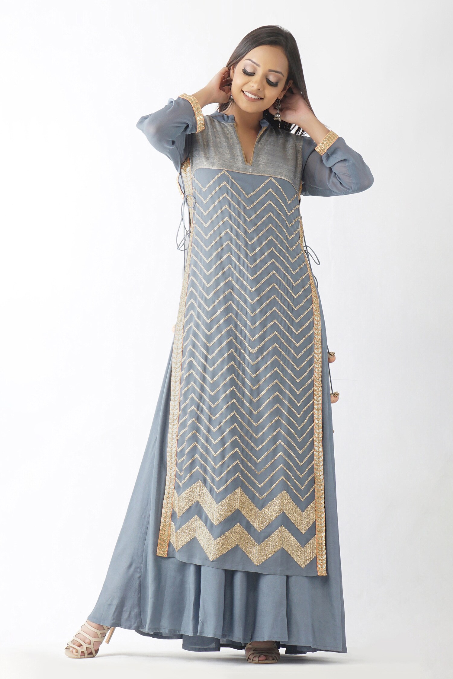 Buy OMI Grey Georgette Sequin Work Layered Kurta Online | Aza Fashions
