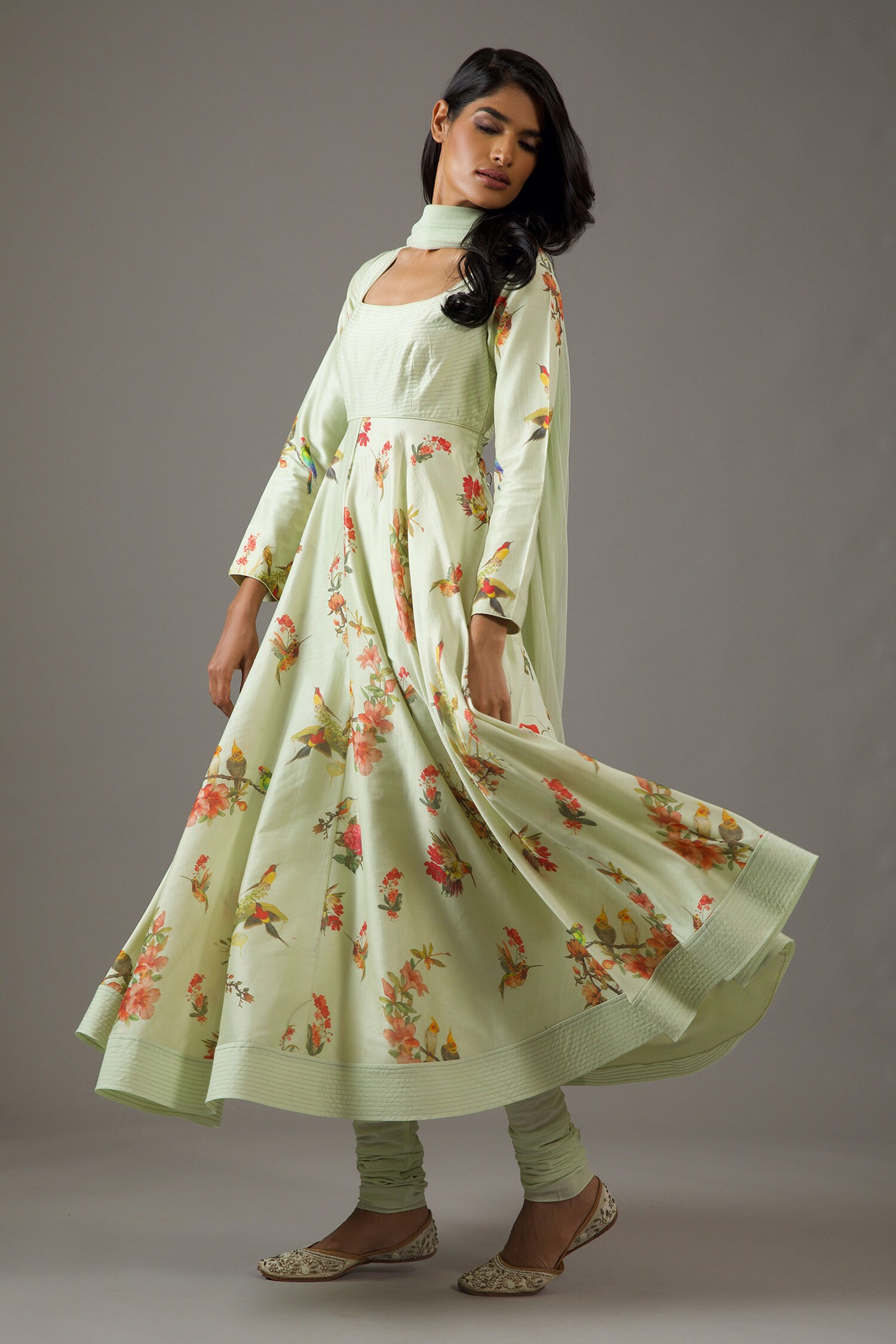 Buy Chanderi Silk Flower Print Anarkali Set by Balance by Rohit Bal at ...