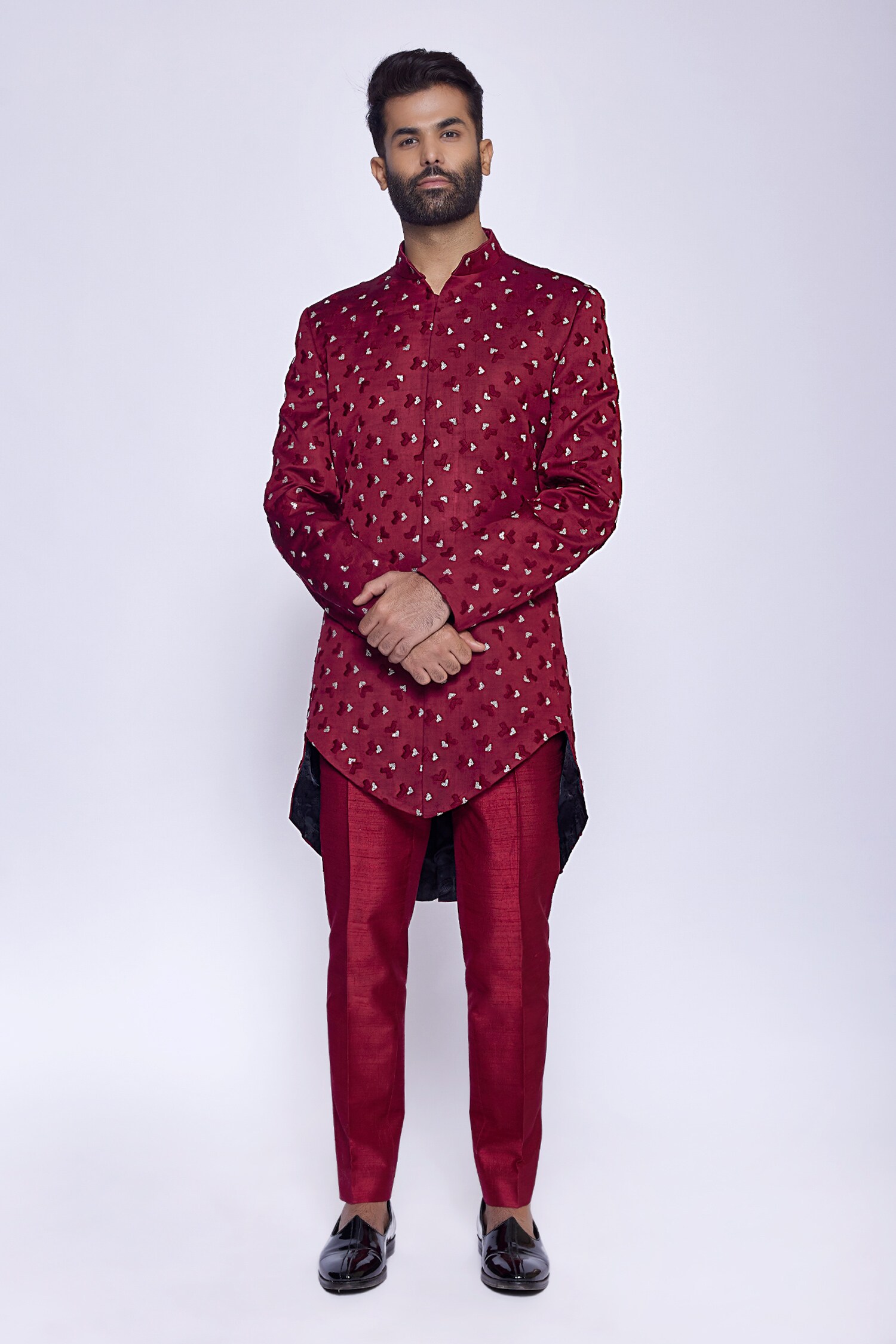 Buy Arjun Kilachand Maroon Linen Silk Broken Arrow Embroidered ...