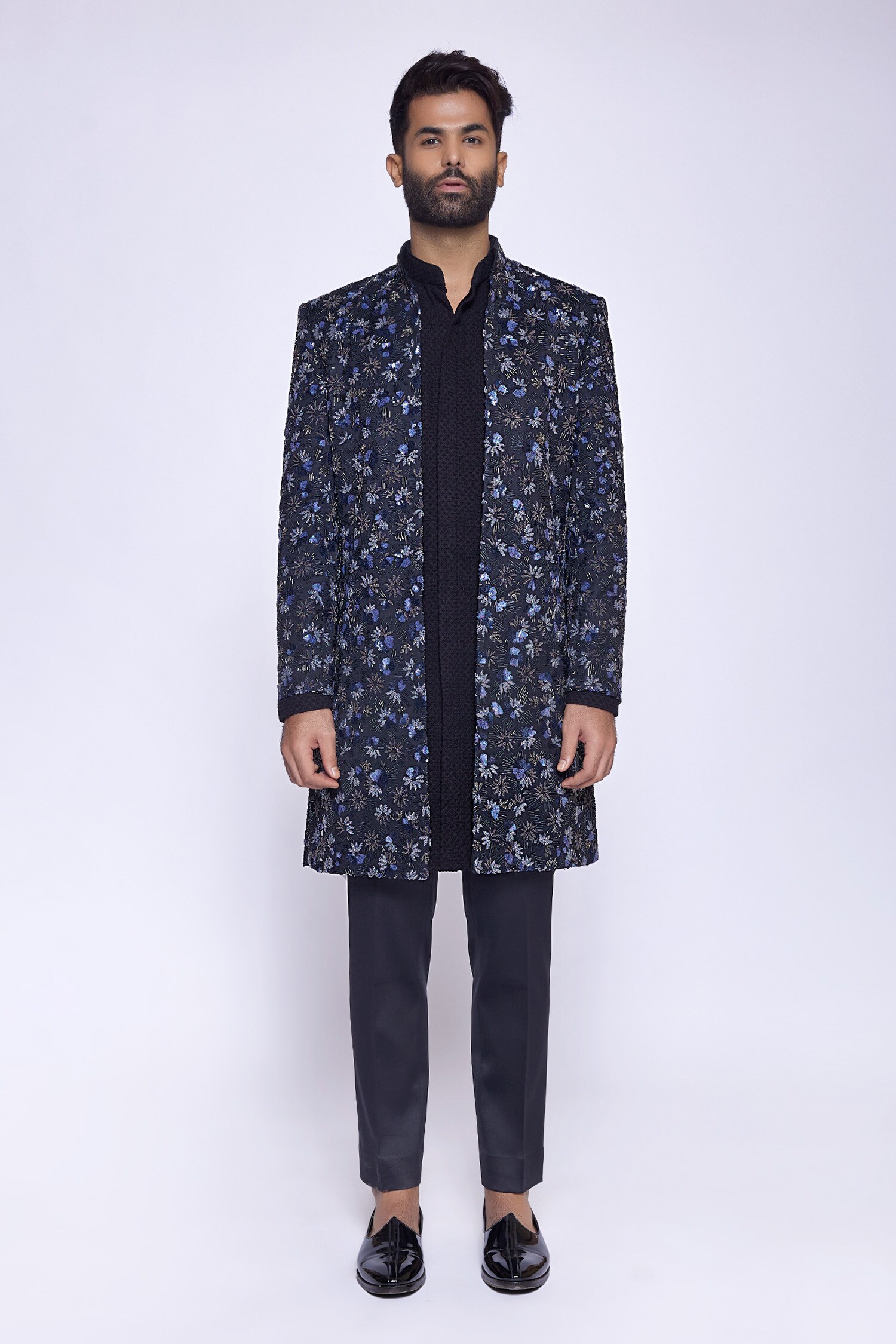 Buy Arjun Kilachand Black Linen Silk Floral Cut Dana Embroidered ...