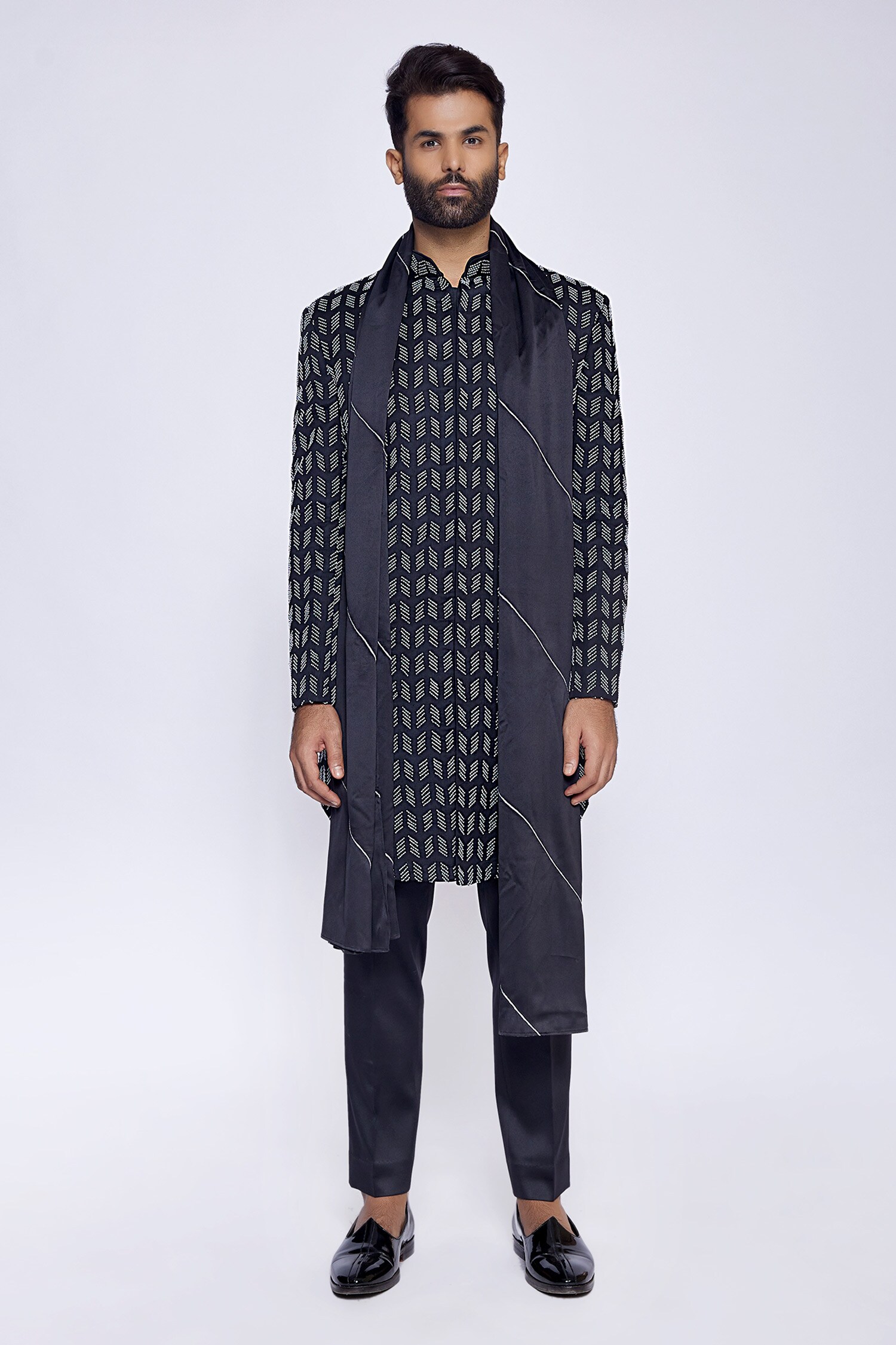 Buy Arjun Kilachand Black Linen Silk Chevron Cut Dana Embroidered ...