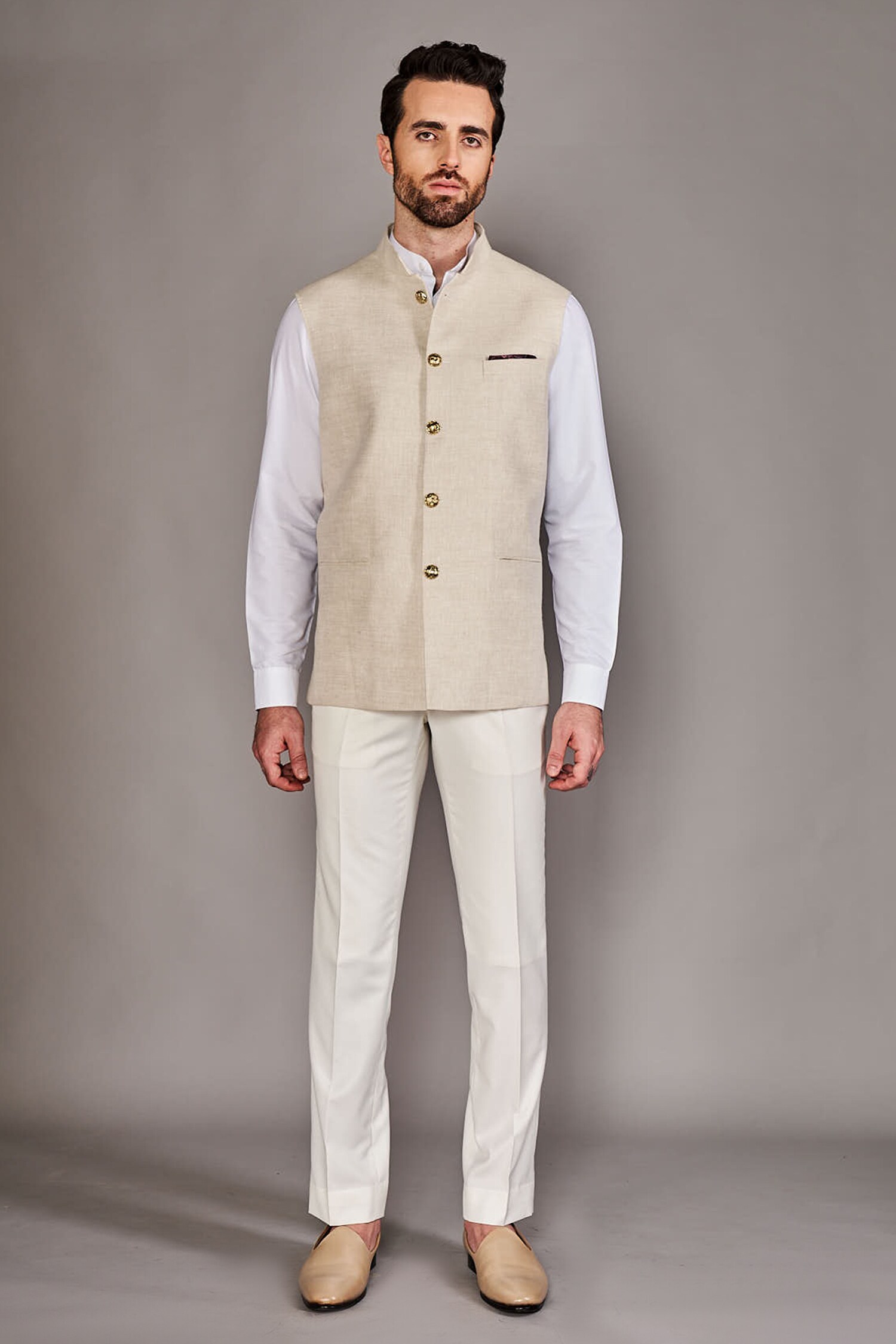 Buy Arjun Kilachand Beige Linen Button Down Bundi With Shirt Online ...