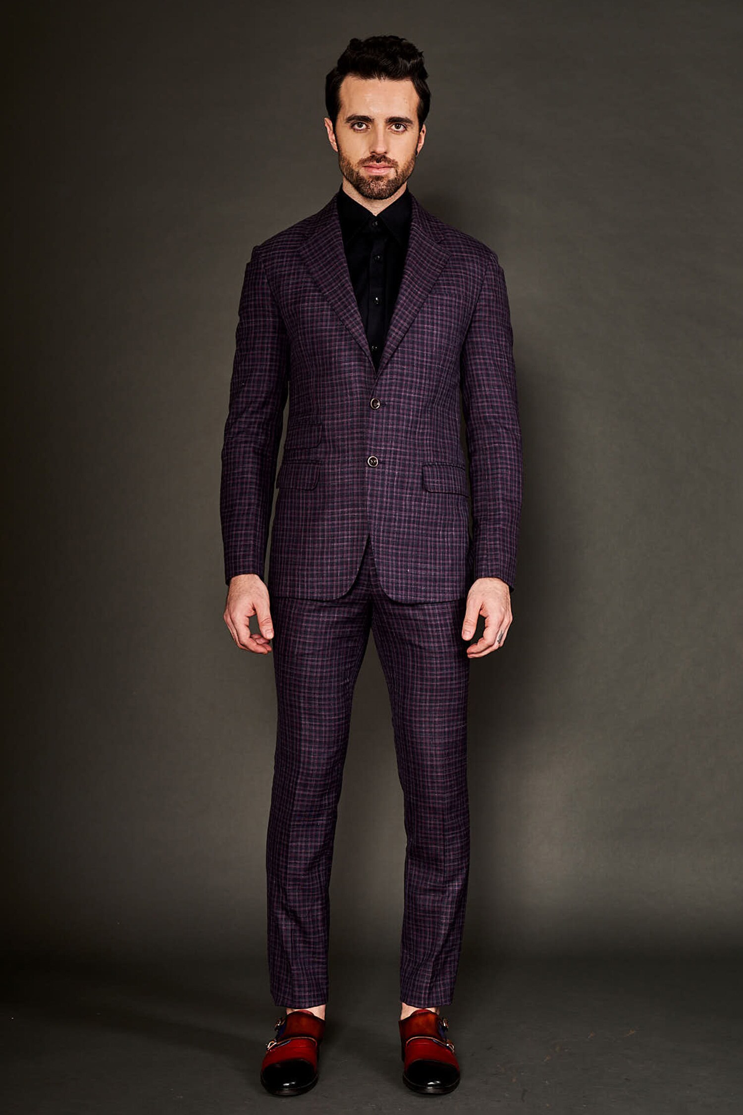 Buy Arjun Kilachand Maroon Wool Checkered Pattern Jacket And Trouser ...