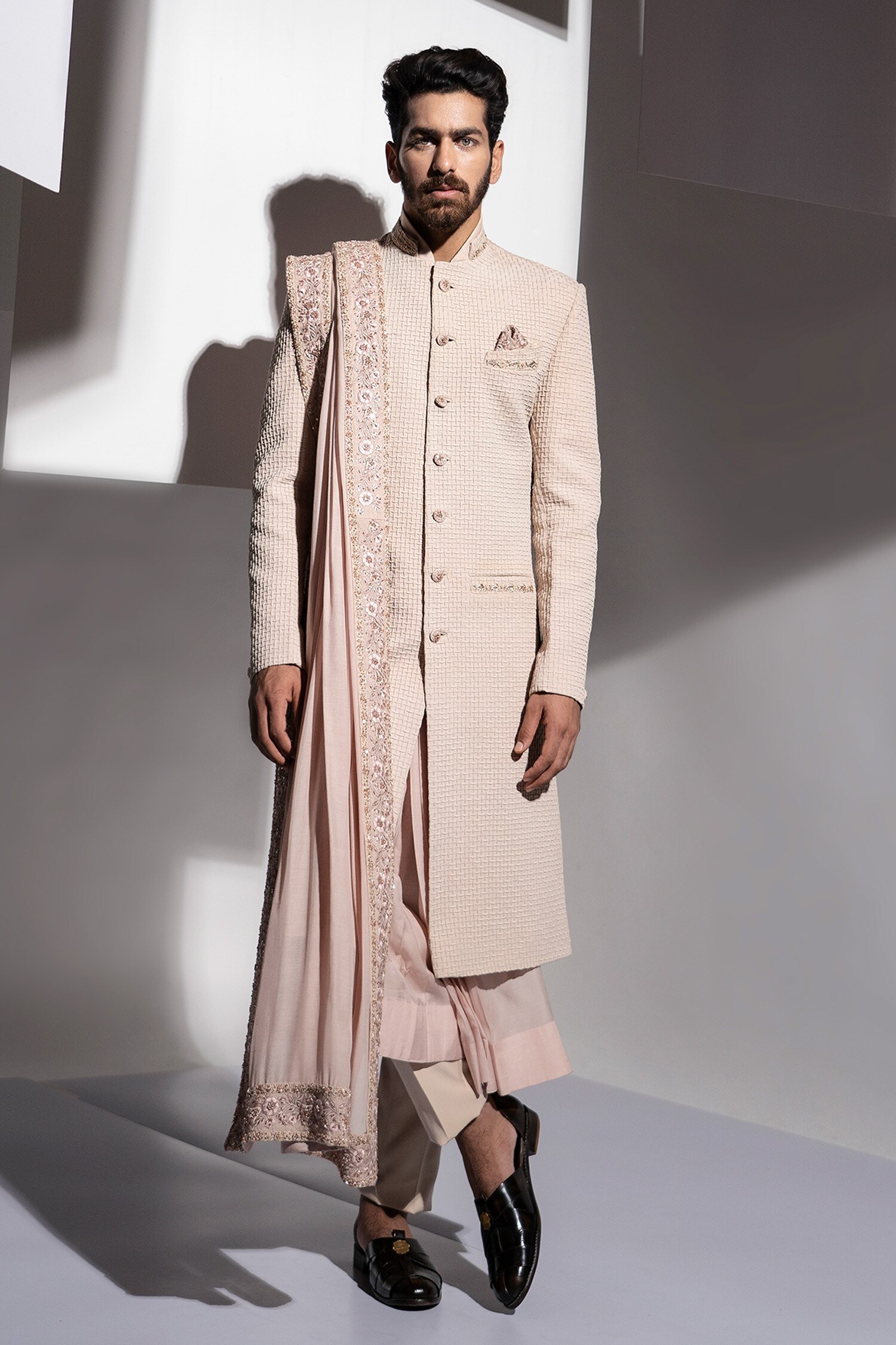 Buy Ankur J Pink Mezze Muslin Knit Embroidered Sherwani Set Online ...
