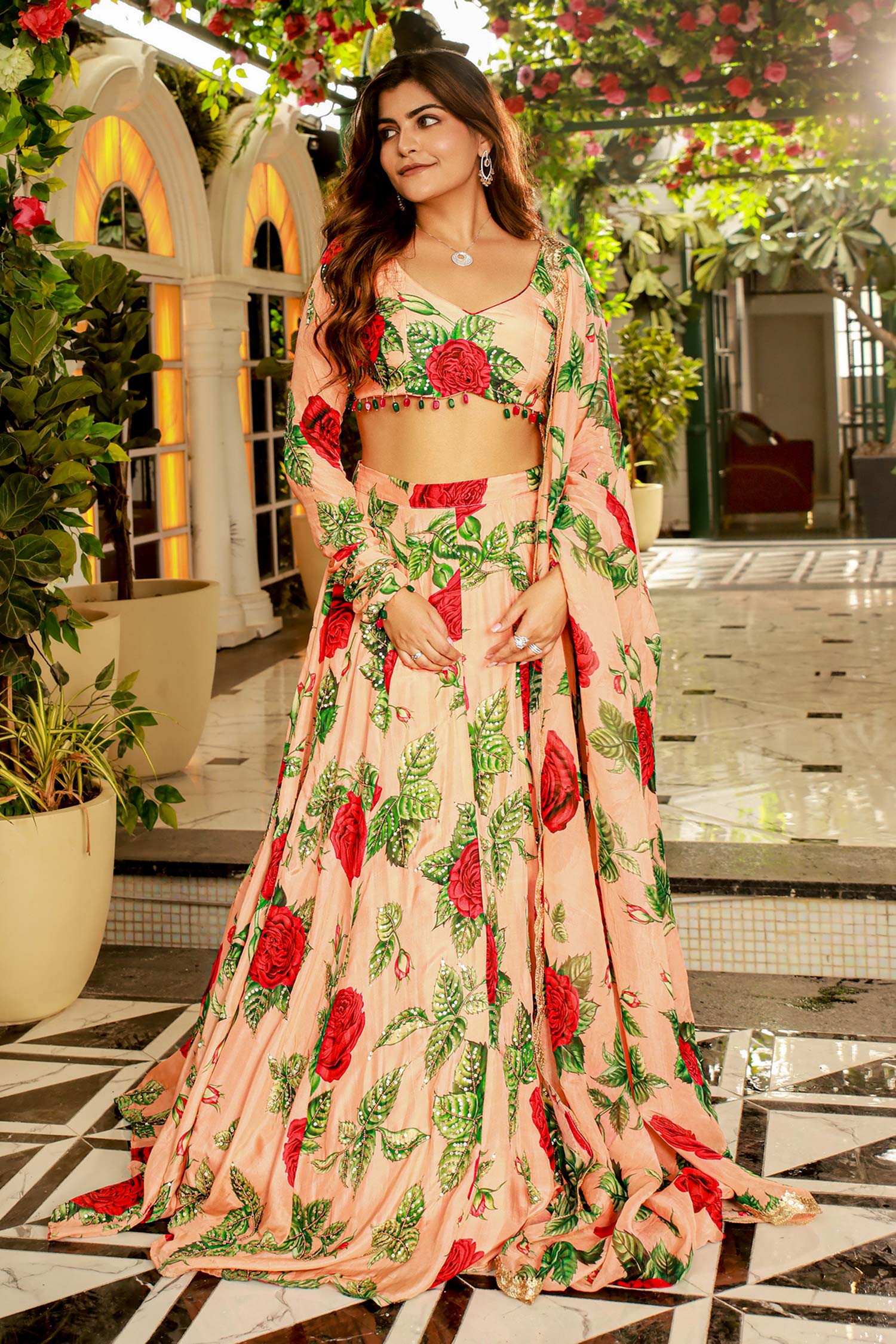 Buy sanam lalwani Peach Rosette Silk Rose Print Lehenga Set Online ...