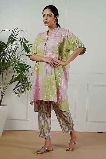 Buy OMI Multi Color Lurex Two Tone Tunic With Pant Online | Aza Fashions