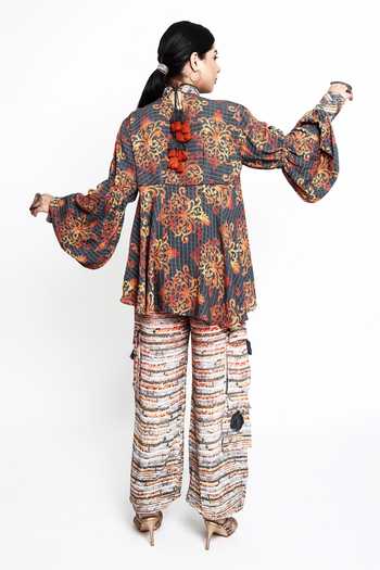 Buy Anmol Kakad Orange Double Georgette Floral Pattern High Neck Top ...