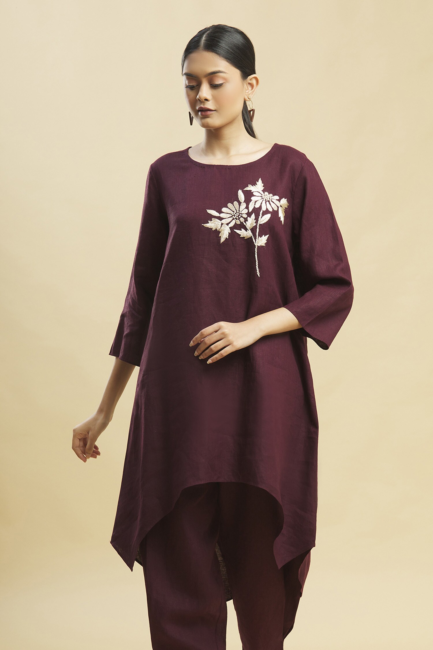 Buy Linen Bloom Maroon Linen Tunic Online | Aza Fashions