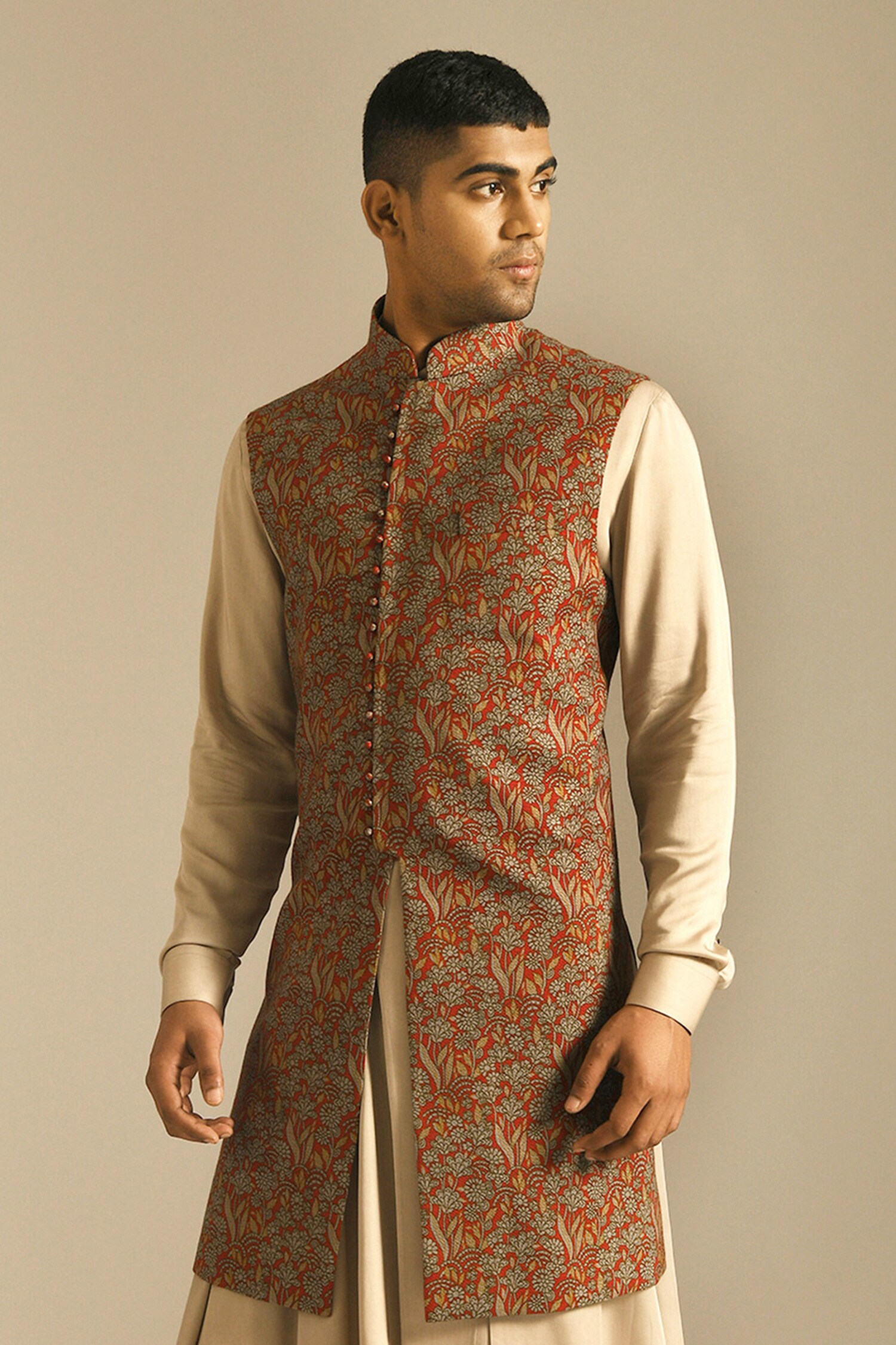 Buy Dhruv Vaish Multi Color Chanderi Long Nehru Jacket Online | Aza ...