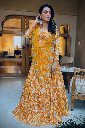 Buy Paulmi and Harsh Orange Organza Lehenga Set Online | Aza Fashions