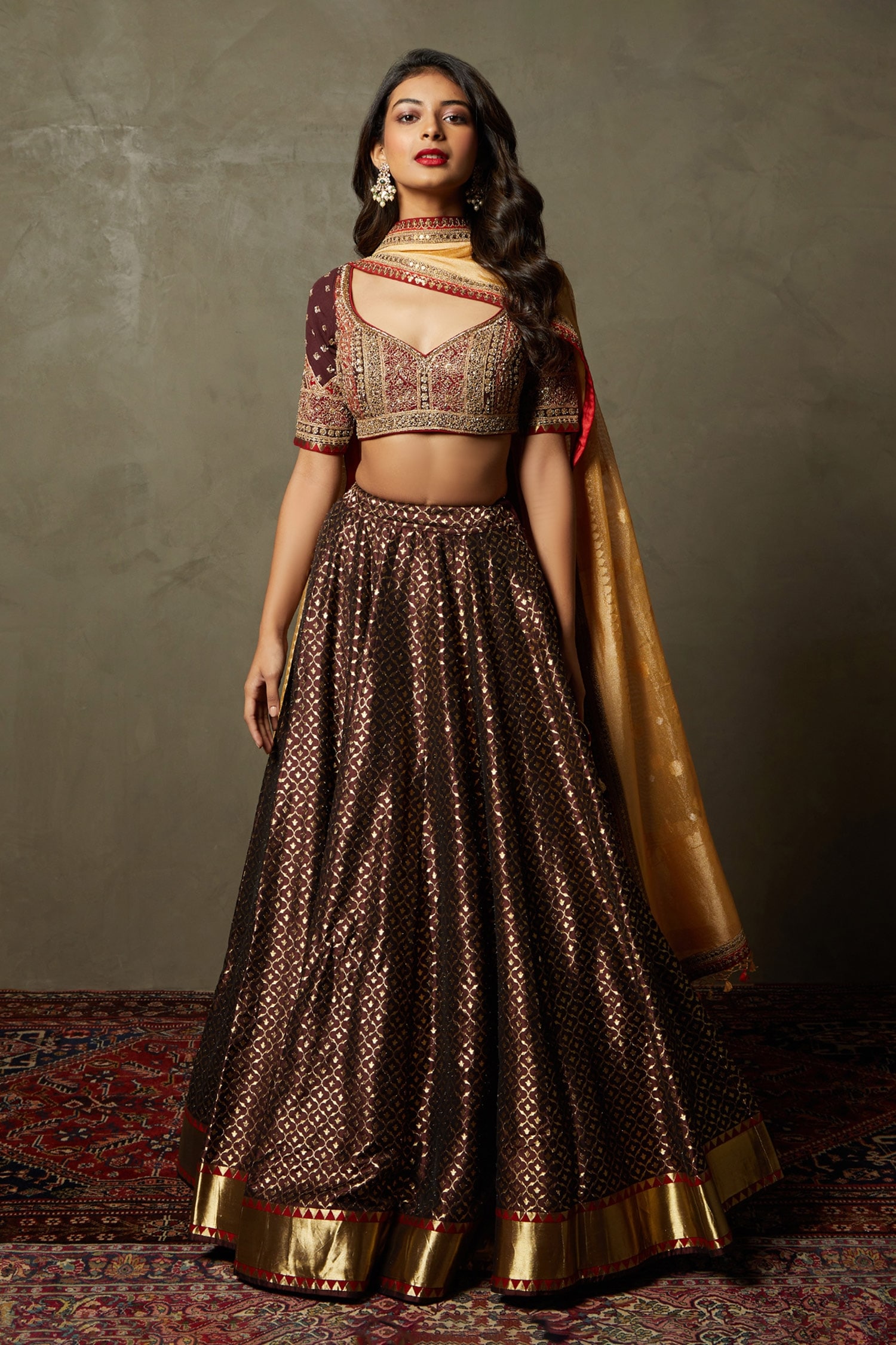 Buy RI.Ritu Kumar Brown Banaras Woven Silk Lehenga Set Online | Aza ...