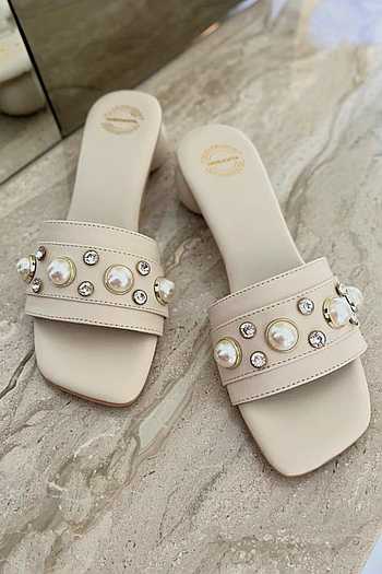 Buy Modanta Footwear Cream Artificial Leather Pearl Embellished Block ...