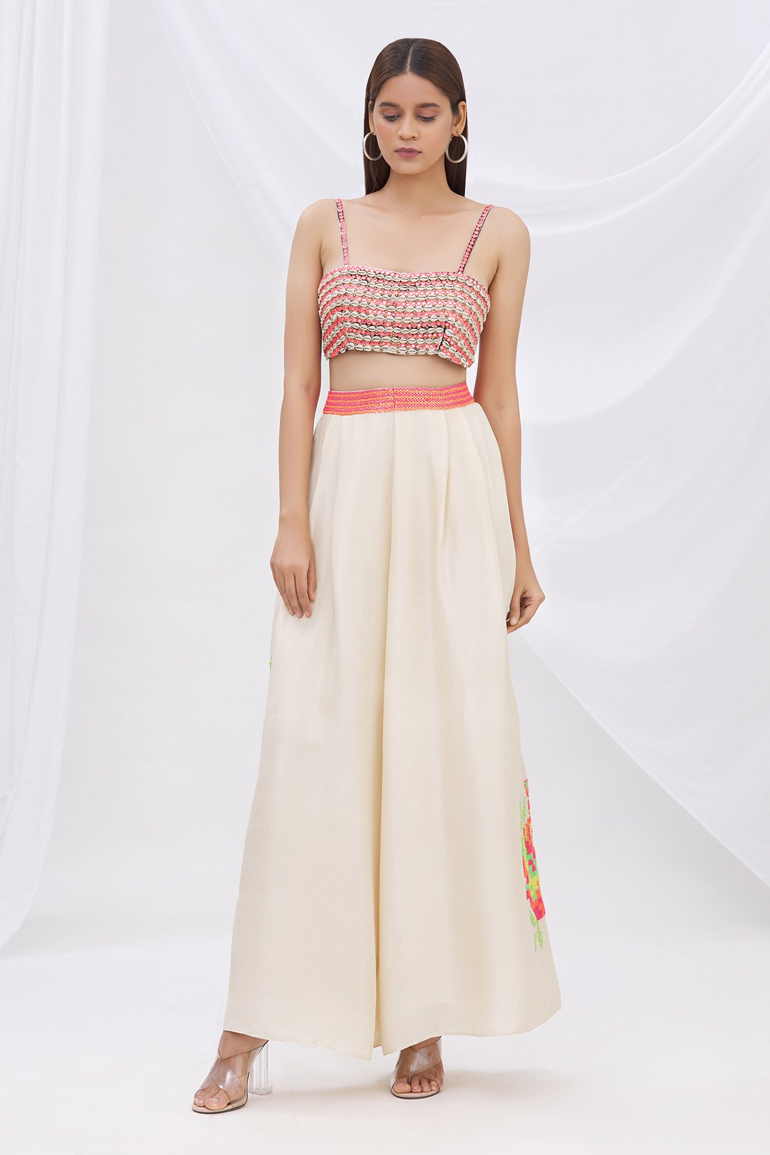 Buy Surily G White Dupion Silk Embroidered Flared Pants Online | Aza ...