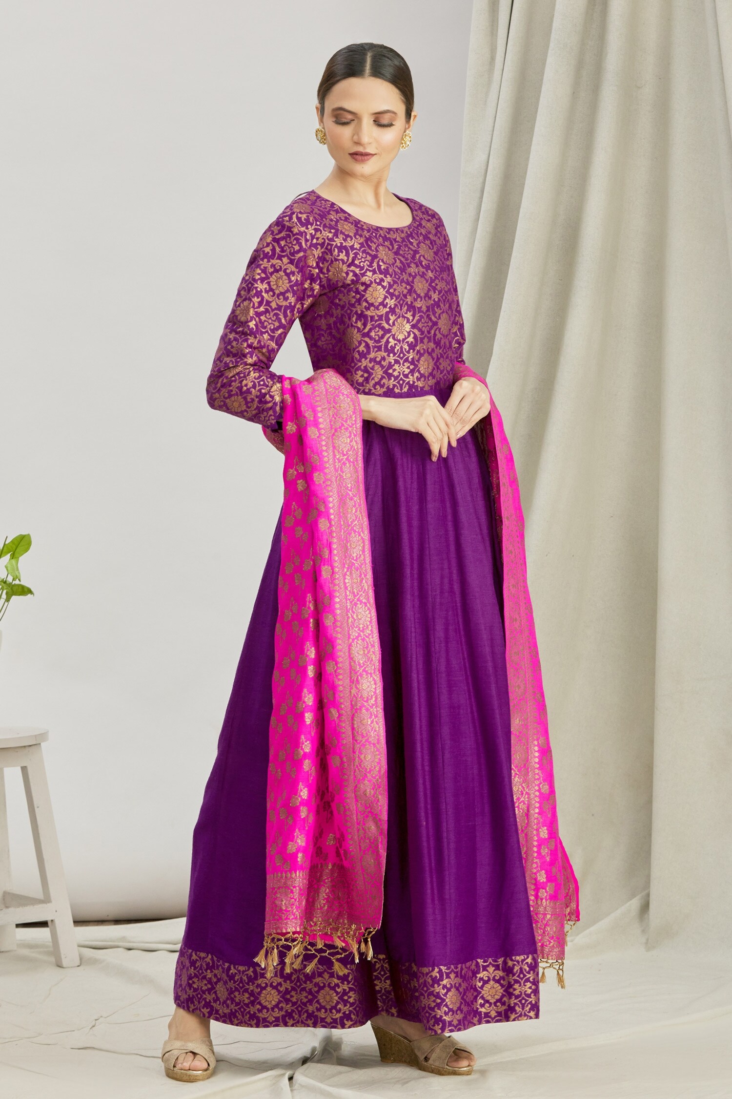 Buy Pinki Sinha Purple Chanderi Handwoven Banarasi Anarkali And Dupatta ...