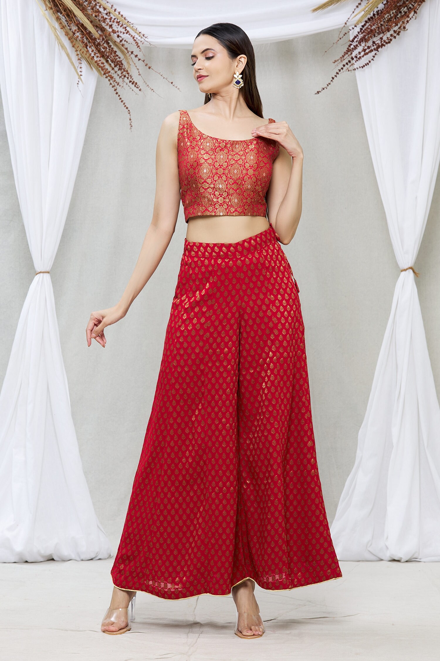 Buy Pinki Sinha Red Georgette Handwoven Floral Sharara Online | Aza ...