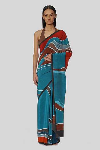 Buy Satya Paul Blue Crepe Fire And Water Printed Saree Online | Aza ...